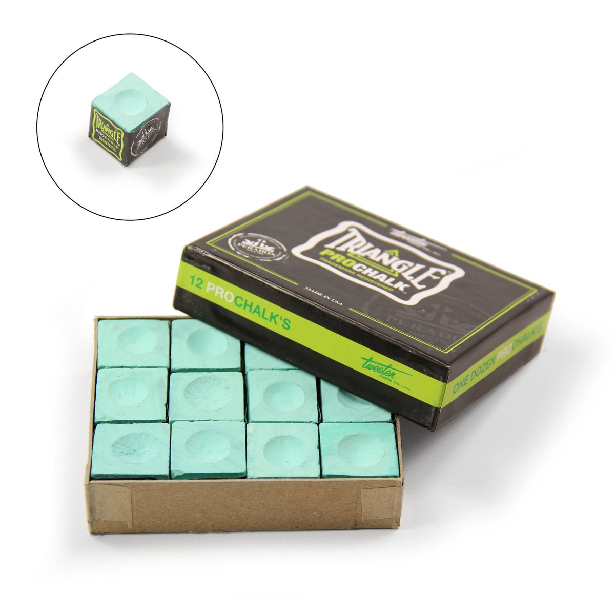 Light Green PRO CHALK by Tweeten - 12 Piece Box for Precision – Cue + Case